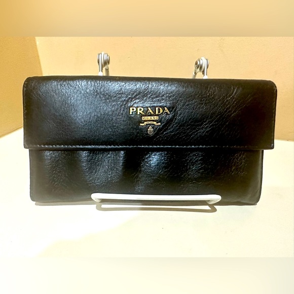 Prada | Bags | Prada Black Leather Saffiano Pebbled Snap Wallet | Poshmark
